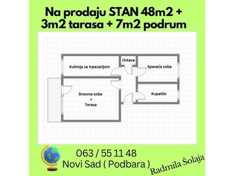 Prodajem STAN 48m2 + 3m2 terasa + 7m2 podrum Novi Sad Podbara 063/55-11-48