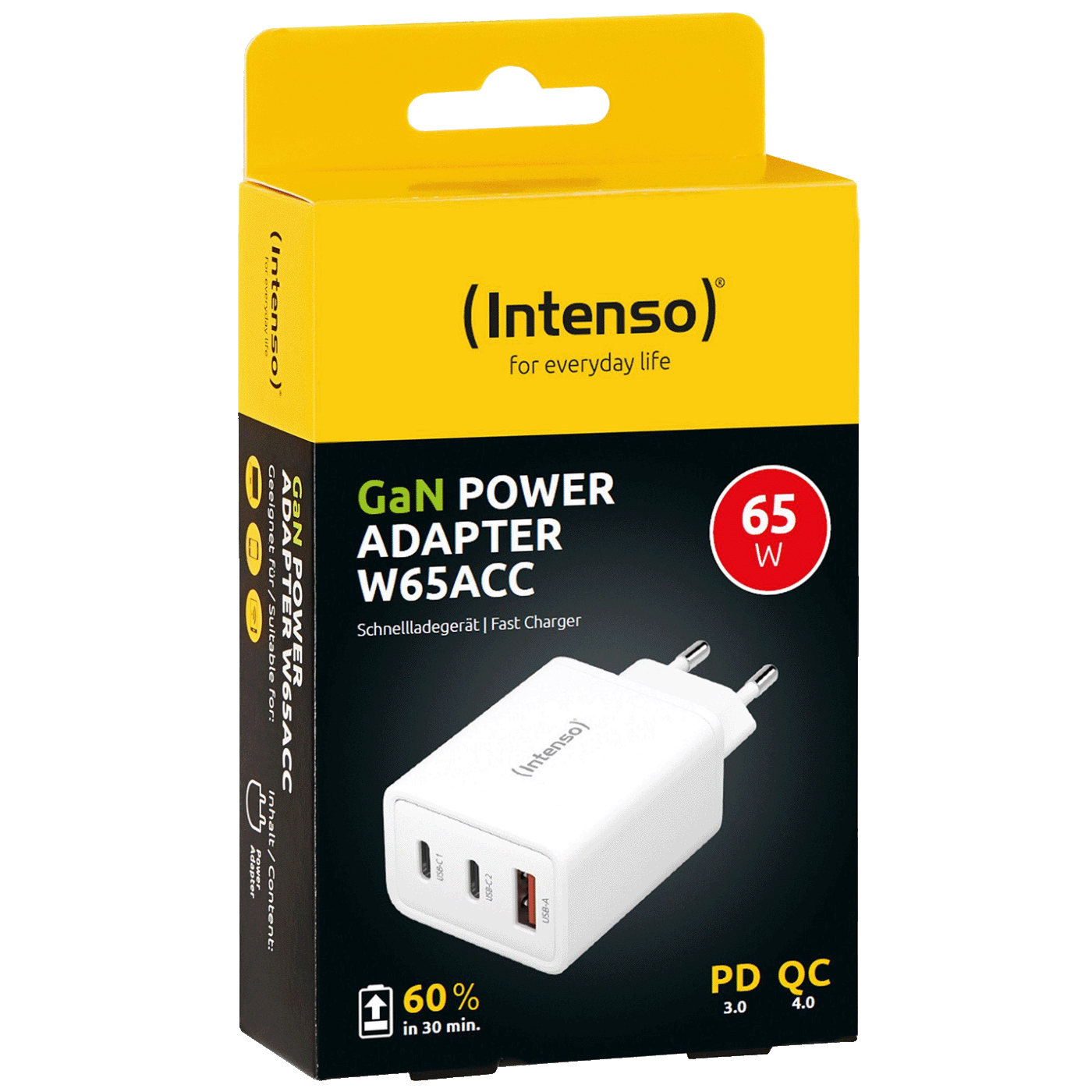 (Intenso) Punjač kućni, brzi, 1 x USB-A, 2 x UCB-C, 3A, 65W – Power Adapter W65ACC GaN