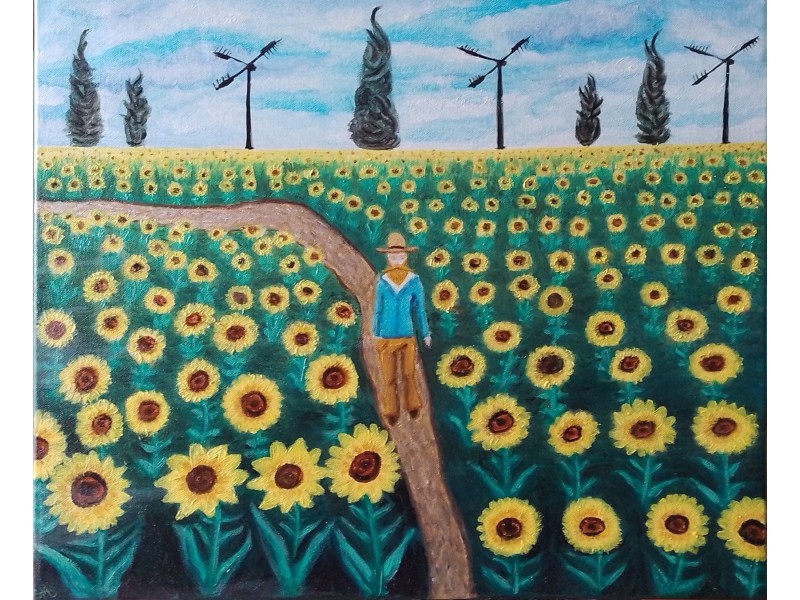 Van Gogh in the Sunflowers Field, oil on canvas, 50x60