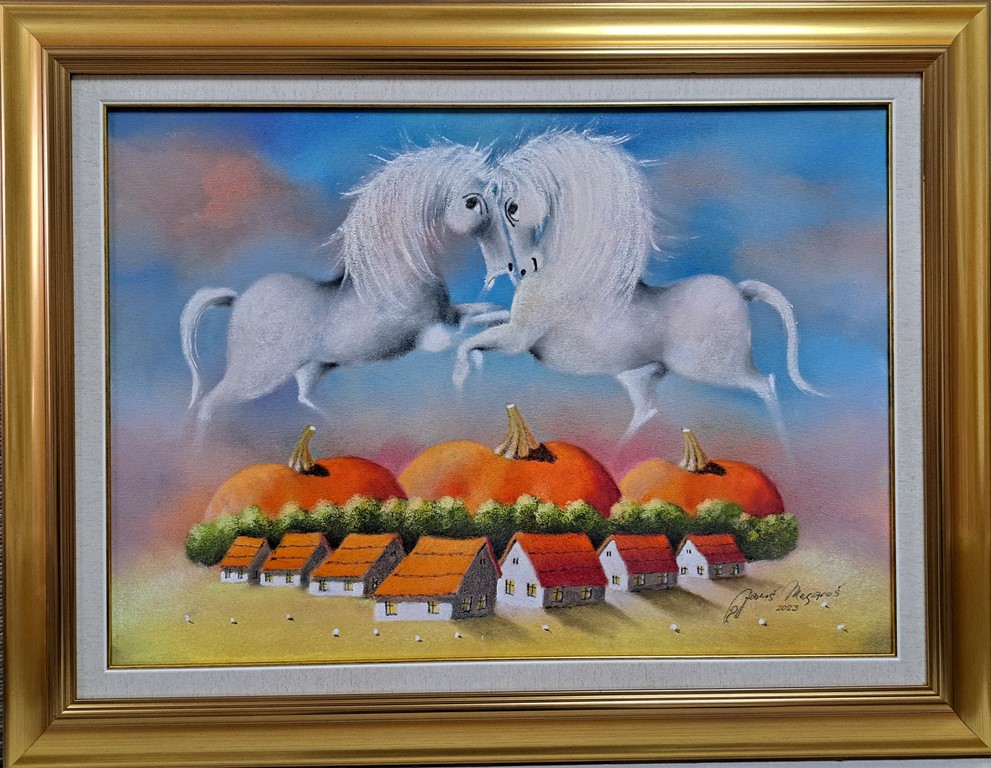 Plavo bela ljubav, Janoš Mesaroš, ulje na platnu, sa 69×89 cm, bez 50×70 cm, lux ram, sertifikat, 1800 eura