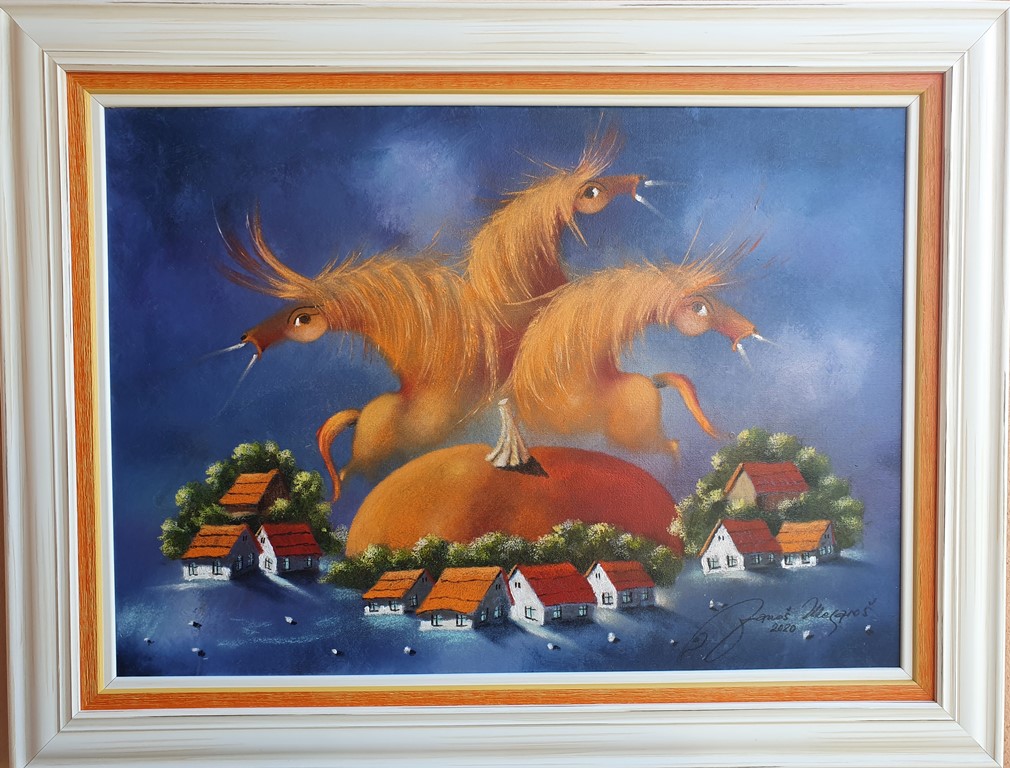 Idila, Janoš Mesaroš, ulje na platnu kombinovana tehnika, sa 67×87 cm, bez 50×70 cm, sertifikat, lux ram, 2020., 1800 eura