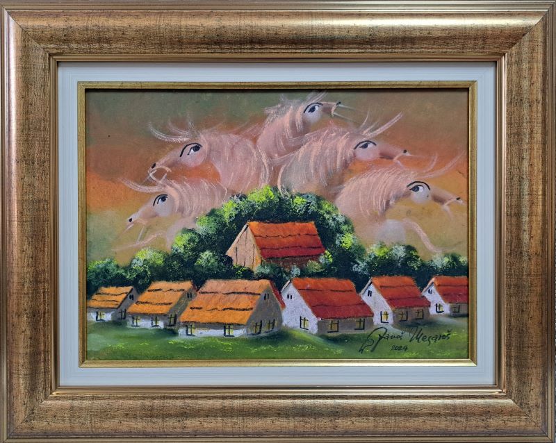 Vojvodina VII, Janoš Mesaroš, kombinovana tehnika lak pastel, luksuzno uramljen, sa 40×50 cm, bez 25×35 cm, sertifikat, 250 eura