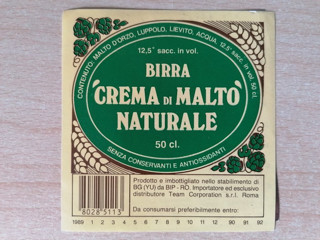 Etiketa Birra Crema di Malto Naturale, 1989-92