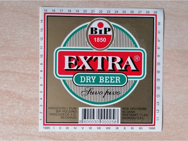 Etiketa Extra Dry Beer BIP etiketa 0,5l 1995-96
