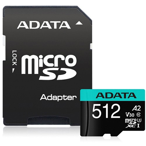ADATA 512GB Premier Pro microSDXC CL10 UHS-I U3 V30 A2 Memory Card with SD Adapter, R/W up to 100MB/80MB | AUSDX512GUI3V30SA2-RA1