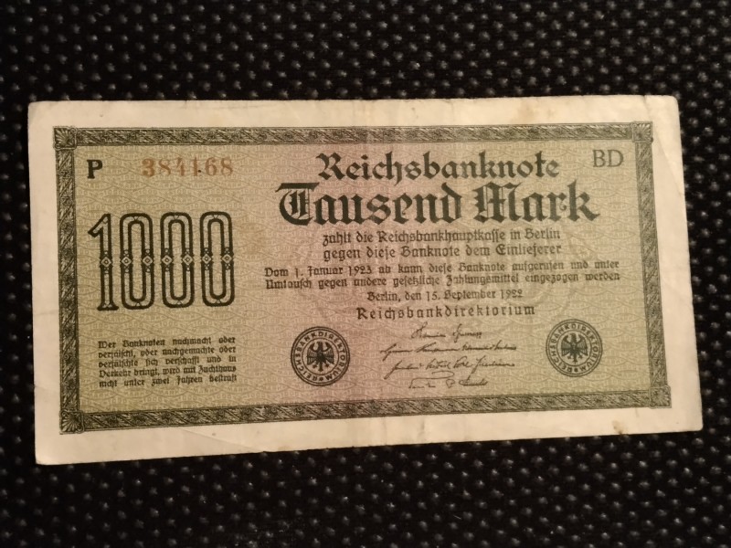 1000 maraka 1922 nemačka beli papir