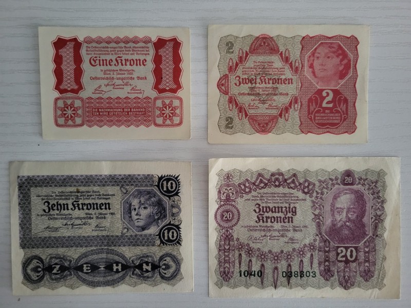 AUSTRIJA lot 1-2-10-20 kruna, 1922