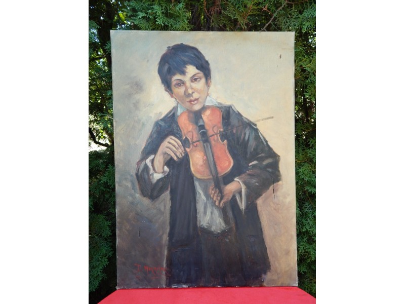 Decak sa violinom, prelepo ulje na platnu, D. Marmolaro