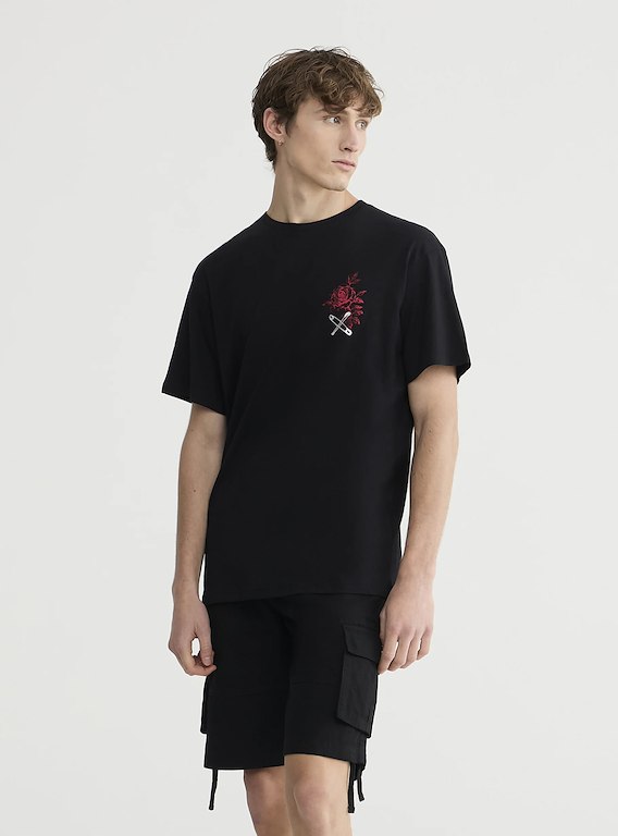 Majica sa printom ruža napred i pozadi Crna