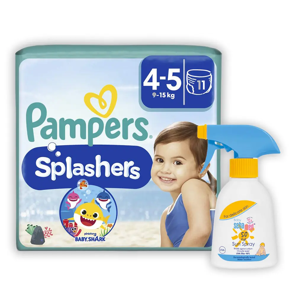 Pampers Splashers Pelene za kupanje, Veličina 4-5, 9-15kg, 11 komada + Seba Sun Baby sprej, SPF 50, 200ml