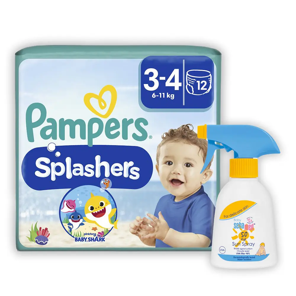 Pampers Splashers Pelene za kupanje, Veličina 3-4, 6- 11kg, 12 komada + Seba Sun Baby sprej, SPF 50, 200ml