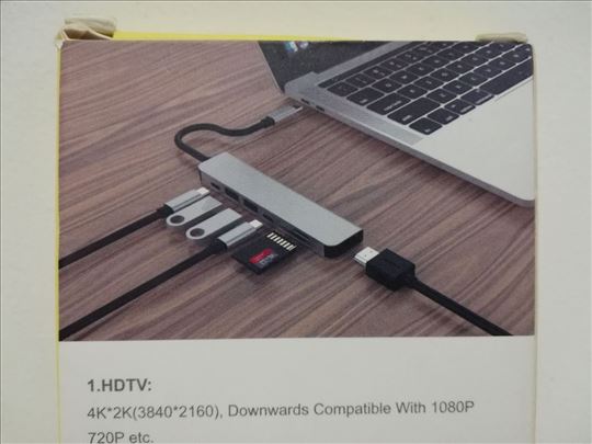 Hub 7u1 USB-C - USB 3.0 + HDMI + TF SD citac karti