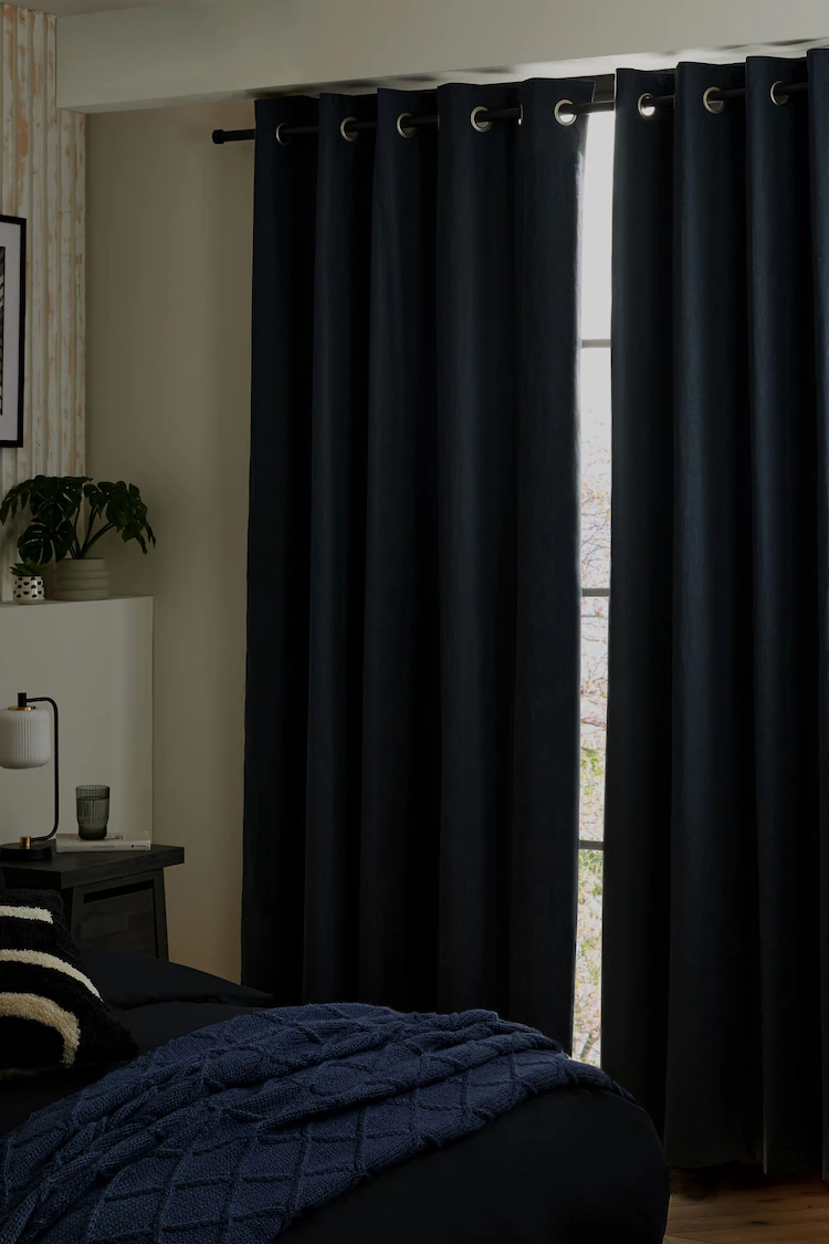 Blue Ink Navy Cotton Blackout/Thermal Eyelet Curtains