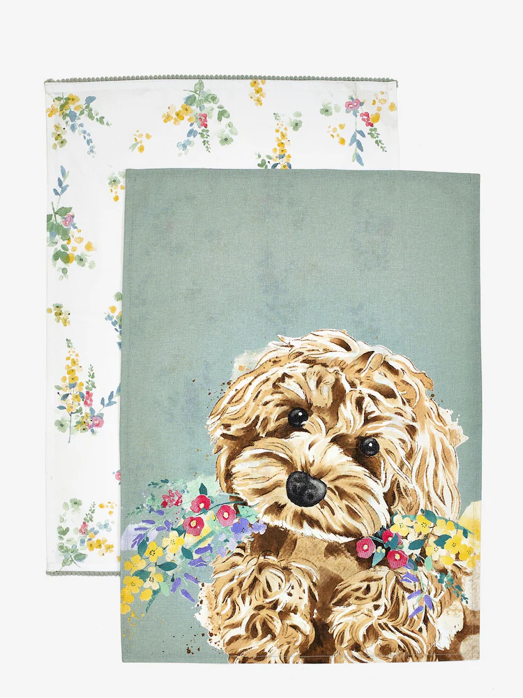 Set of 2 Sage Green Charlie Cockapoo 100% Cotton Tea Towels