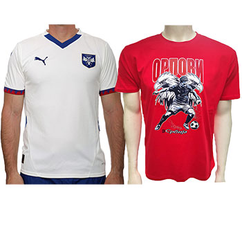 Komplet Puma beli dres Srbije za EURO 2024 u Nemačkoj i crvena majica Orlovi