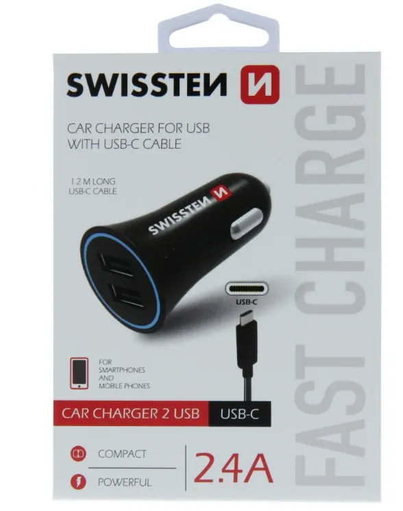 Swissten Auto punjač 2 x USB2.4A + USB-C