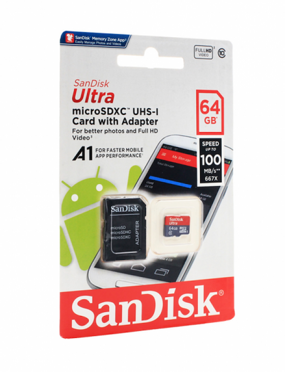 Micro SDHC SanDisk 64GB, 100MBs, sa adapterom