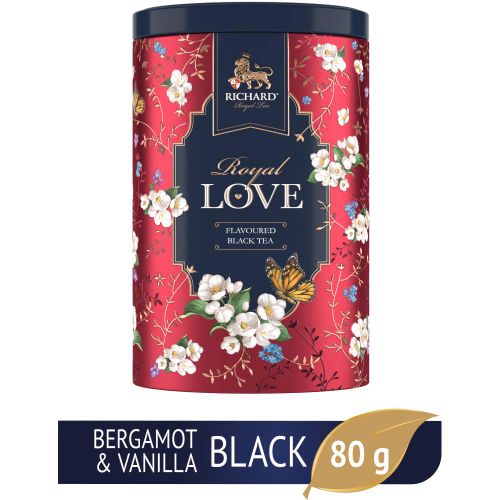 RICHARD TEA ROYAL LOVE - Crni cejlonski čaj sa korom citrusa, laticama cveća i bergamot vanilom u metalnoj kutiji, rinfuz 80g RED 160333