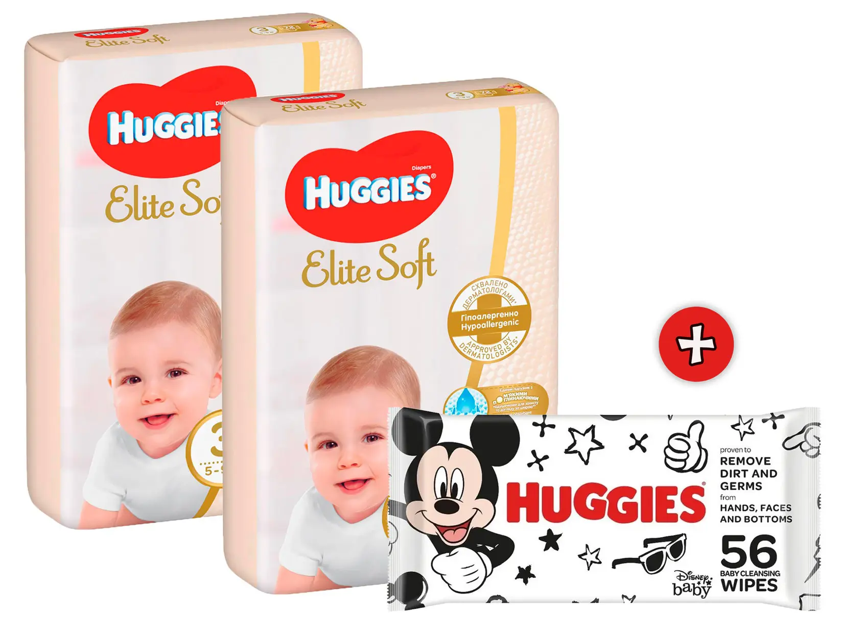 Huggies Duo Pack Pelene Elite Soft Mega, Veličina 3, 5-9kg, 144 komada + Mickey Mouse Vlažne maramice, 56 komada