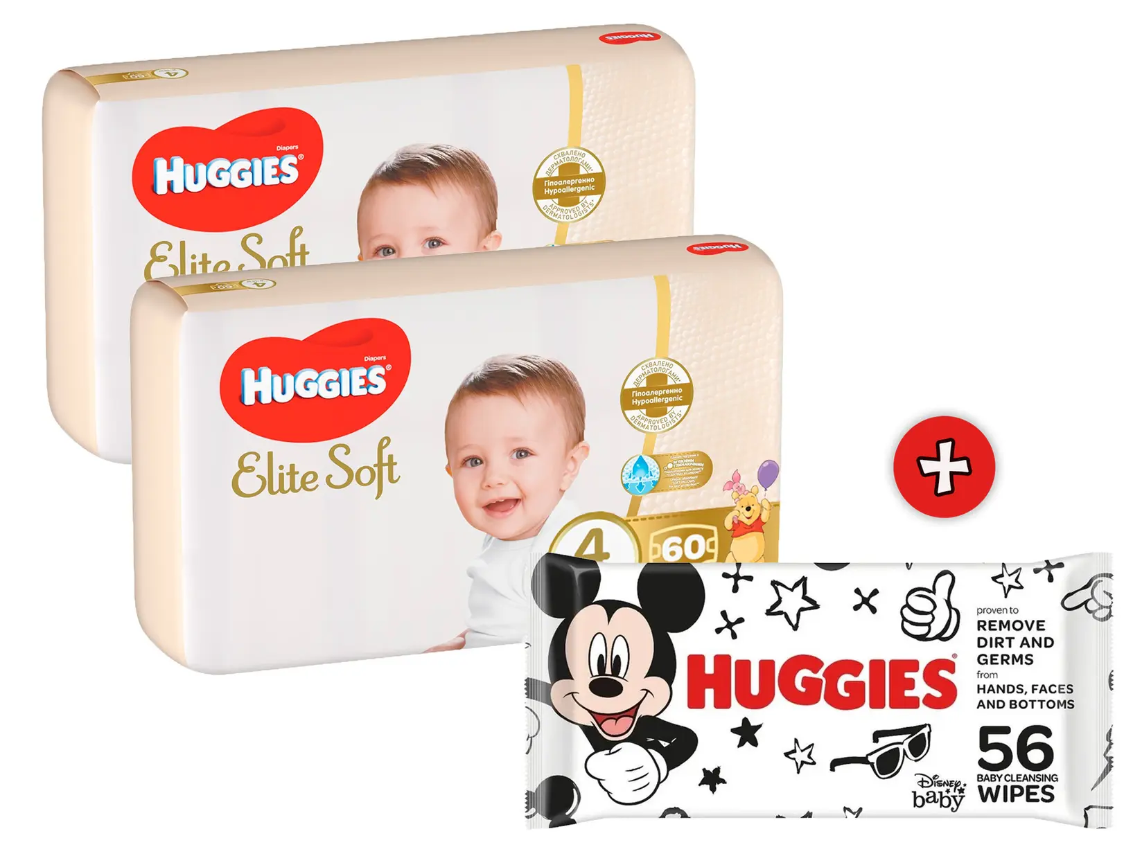 Huggies Duo Pack Pelene Elite Soft Mega, Veličina 4, 8-14kg, 120 komada + Mickey Mouse Vlažne maramice, 56 komada