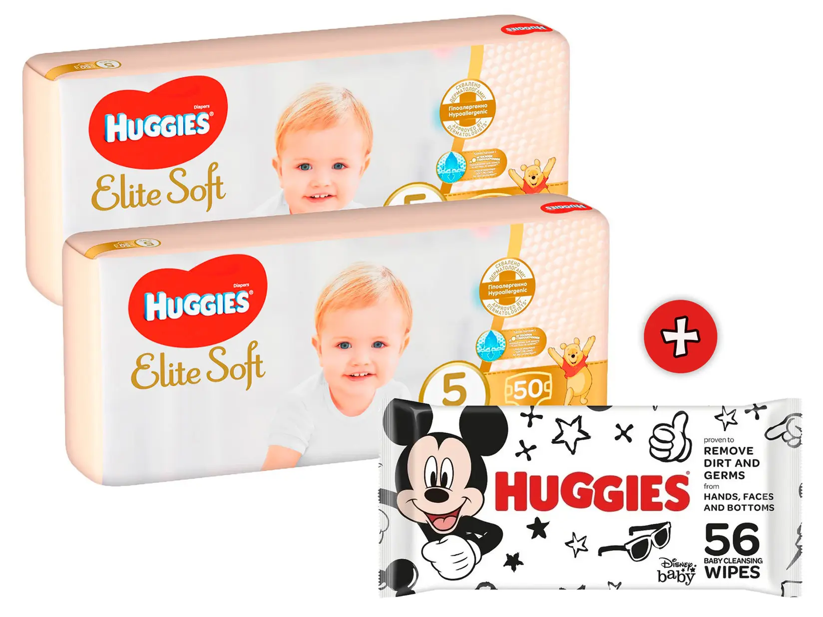 Huggies Duo Pack Pelene Elite Soft Mega, Veličina 5, 15-22kg, 100 komada + Mickey Mouse Vlažne maramice, 56 komada