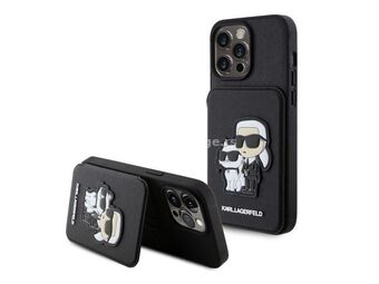 LICENSED KARL LAGERFELD Maska za iPhone 15 Pro Max SAFFIANO CARDSLOTS AND STAND K&amp;C PATCH/ crna