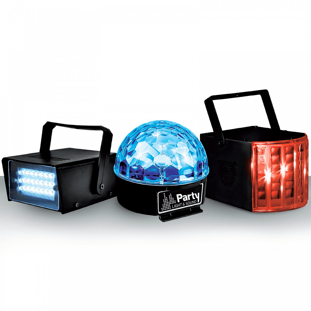 IBIZA Pack of 3 Mini Party Light Disco Set Astro Dome Strobe Derby Lights Christmas Birthday