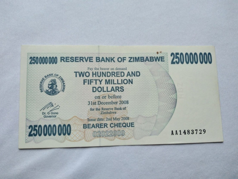 Zimbabve 250.000.000 dolara,2008 god.retko