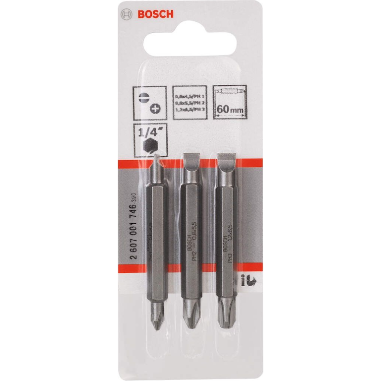Bosch – 3-delni set dvostranih nastavaka S 0,6×4,5, S 0,8×5,5, S 1,2×6,5; PH1, PH2, PH3; 60 mm – 2607001746