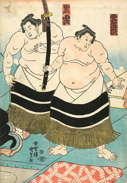 Wrestlers Kurokumo Ryūgorō and Kumoodake Kiriemon (1843-1844)