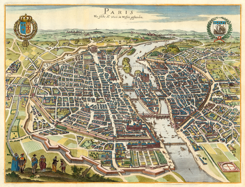An old map of Paris, France