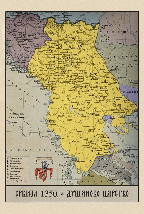 Mapa Dušanovog carstva - Srbija 1350. godine