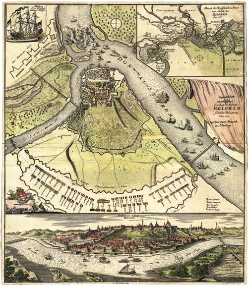 Mapa austrijske opsade Beograda 1717. godine, sa panoramom Beograda (nemačka mapa iz 1717)