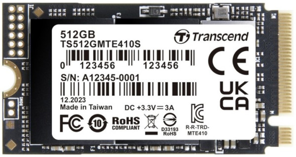 512GB, M.2 2242, PCIe Gen4x4, NVMe, 3D TLC, DRAM-less, Read up to 5000 MB/s, Write up to 3500 MB/s, Single-sided ( TS512GMTE410S )