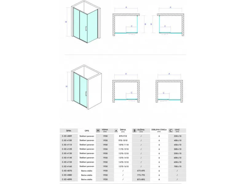 Concept tus paravan project 120x195cm 6mm providno staklo C-02-1200