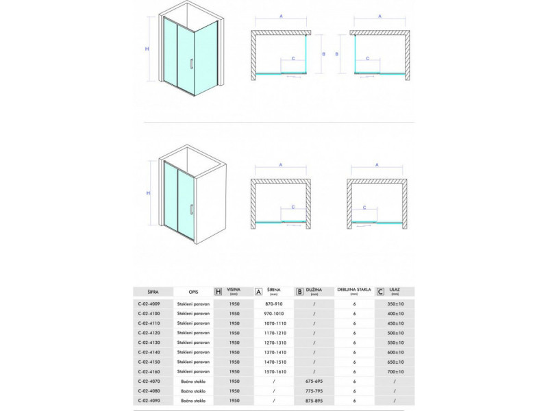 Concept tus paravan project 90x195cm 6mm providno staklo C-02-1090