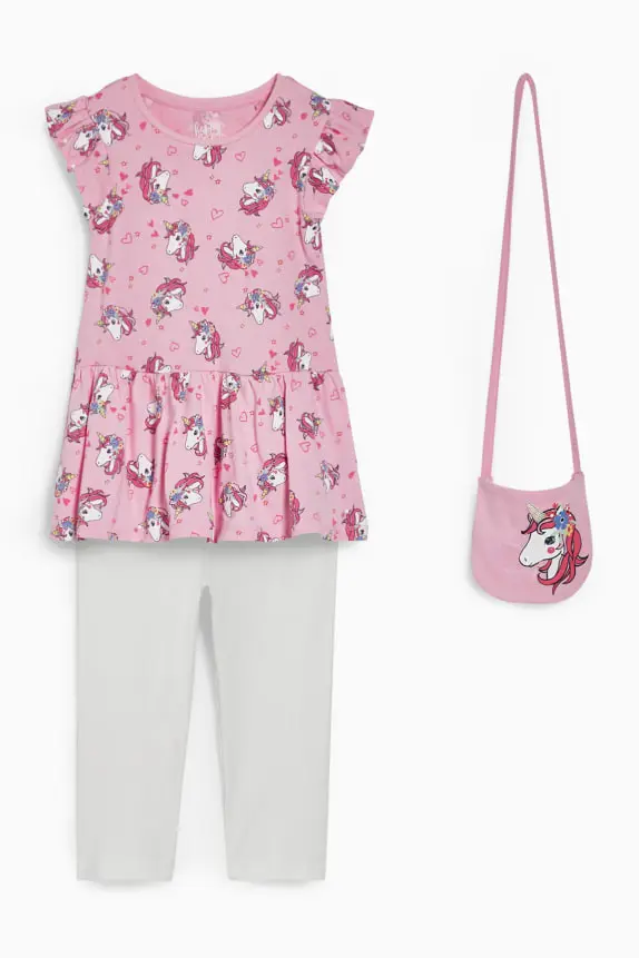 C&A Komplet majica, helanke i torbica za devojčice, Belo-roze