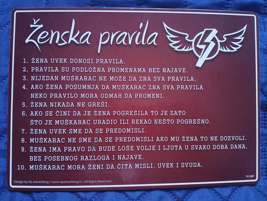 "Zenska pravila" tabla