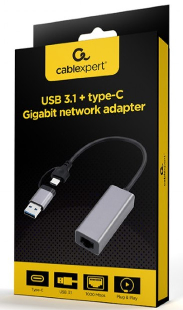 A-USB3AC-LAN-01 GEMBIRD USB 3.1 + TYPE-C GIGABIT NETWORK ADAPTER, SPACE GREY