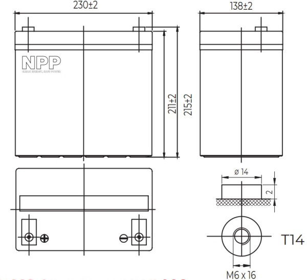 NPP NPG12V-55AH, GEL BATTERY, C20=55AH, T14, 230*138*208*212, 15KG, LIGHT GREY