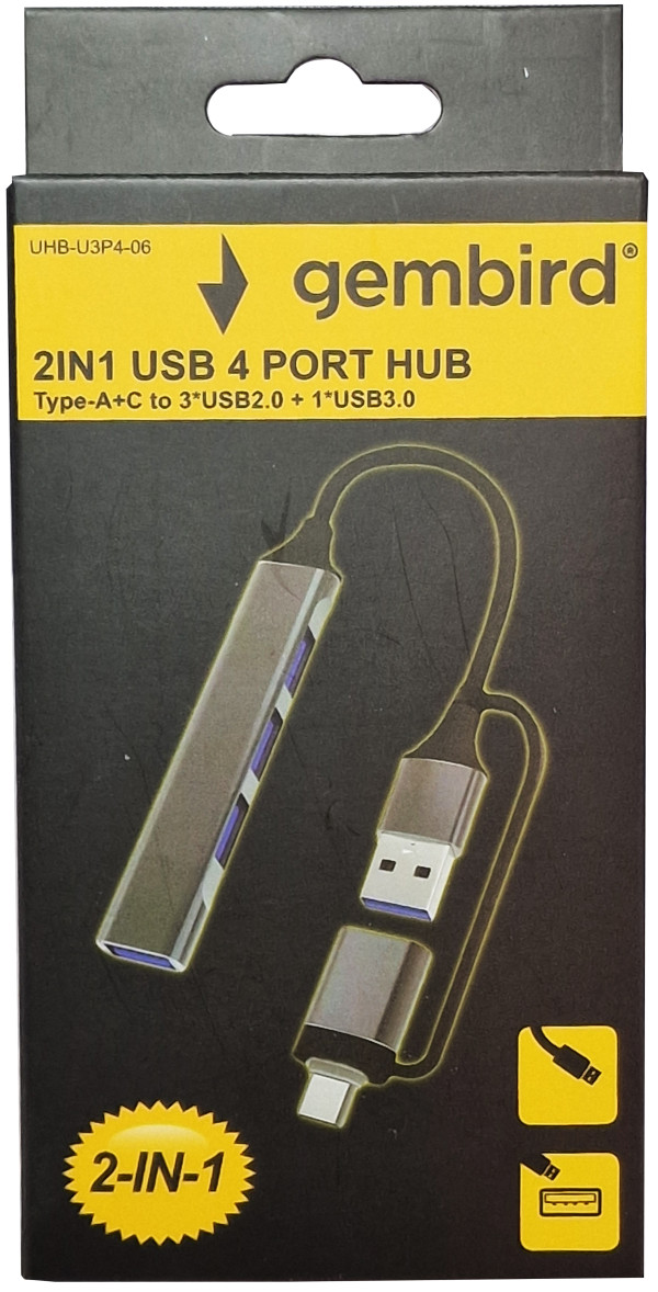 UHB-U3P4-06 GEMBIRD HUB TYPE-A+C TO 3*USB2.0 + 1*USB3.0 ALUMINUM