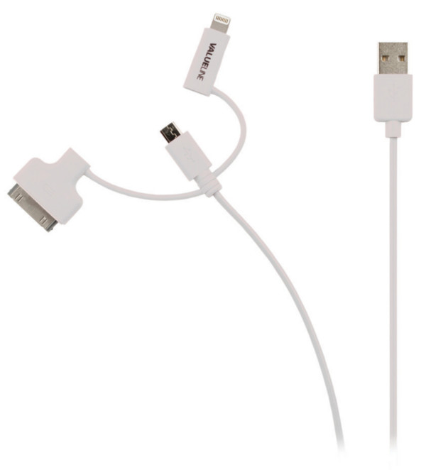 VLMP39410W1.00 NEDIS 3 U 1 SYNC AND CHARGE CABLE USB-A MALE – MICRO B MALE 1.00 M WHITE + 30-PIN DOC