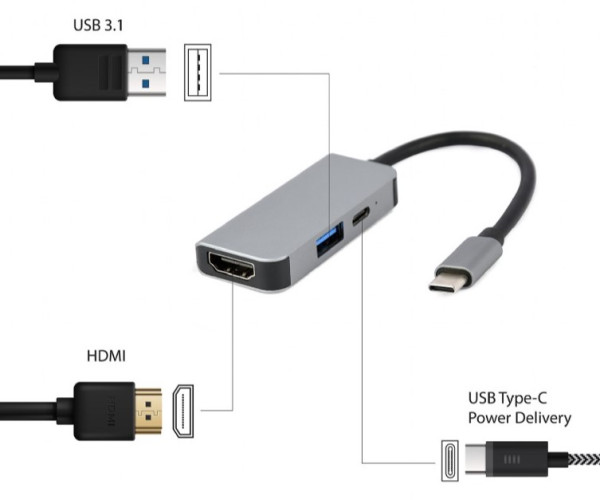 A-CM-COMBO3-02 GEMBIRD USB TYPE-C 3-IN-1 MULTI-PORT ADAPTER (USB PORT + HDMI + PD), SILVER 2