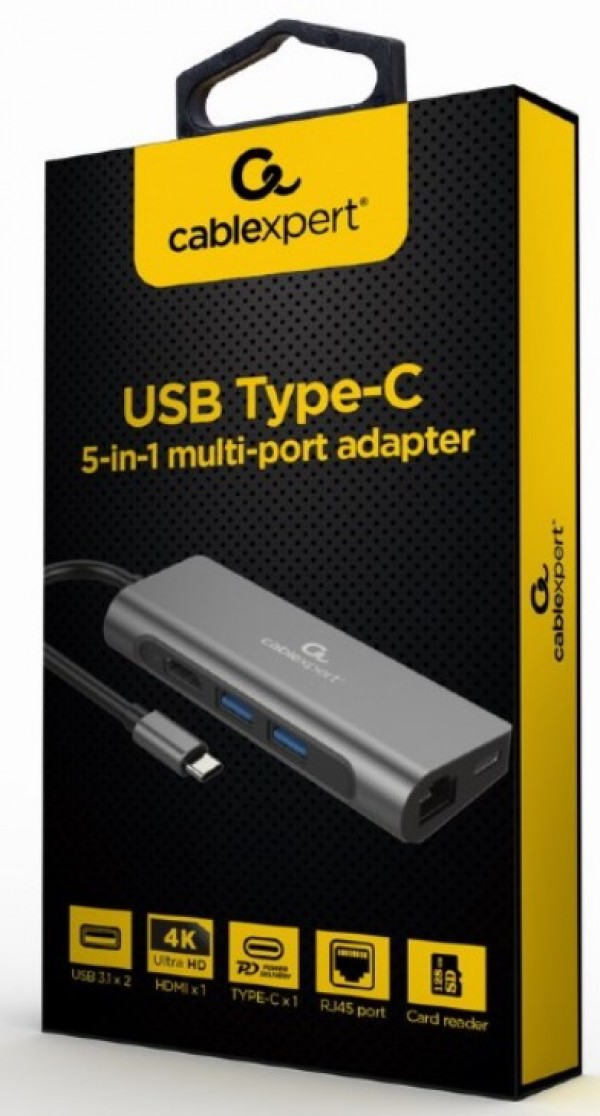 A-CM-COMBO5-01 GEMBIRD USB TYPE-C 5-IN-1 MULTI-PORT ADAPTER (HUB+ HDMI+ PD + CARD READER + GBIT LAN)