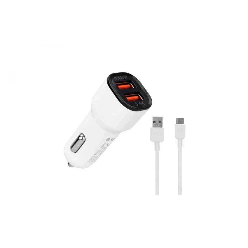 S-LINK AUTO PUNJAČ ZA MOB 2XUSB+KABL TIP-C 1M 2.4A SL-EC30T BELI-35681