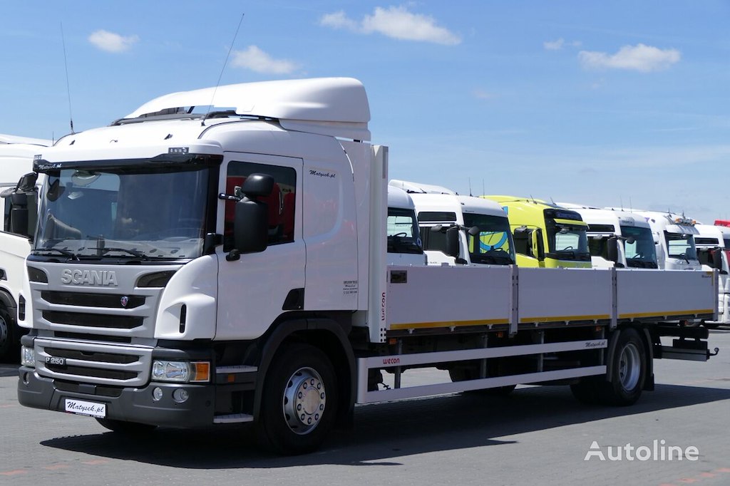 Scania P 250 / BURTOWA / SKRZYNIOWY - długość: 8,10 m / 2016 / EURO 6 / kamion s ravnom platformom