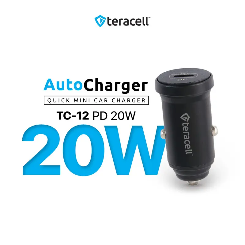 Auto punjač Teracell Evolution TC-12 PD 20W crni sa PD Type-C kablom crni