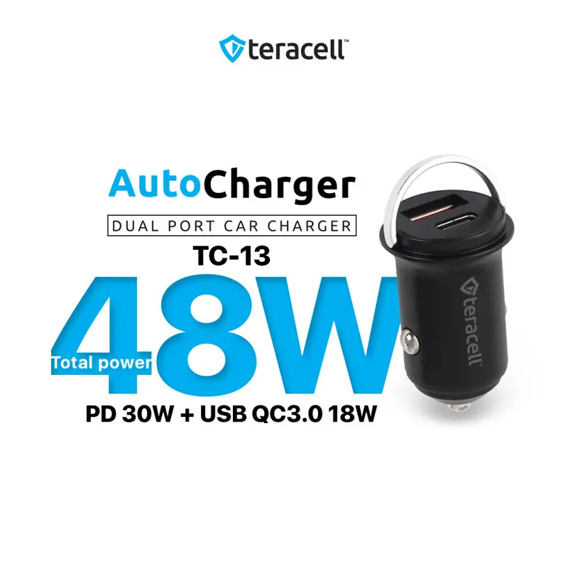 Auto punjač Teracell Evolution TC-13 PD 30W + USB QC30 18W, 48W (total) sa Type-C kablom crni