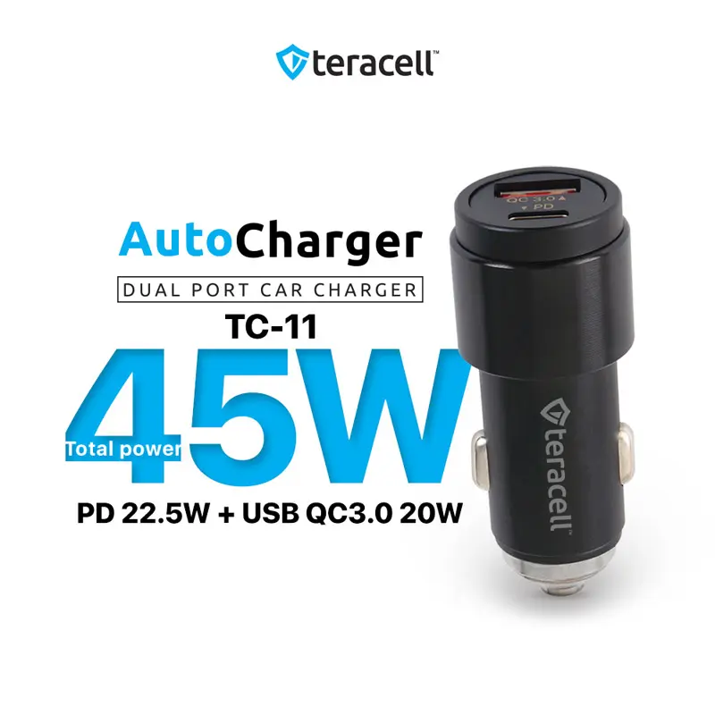 Auto punjač Teracell Evolution TC-11 PD 225W + USB QC30 20W, 45W (total) sa Type-C kablom crni