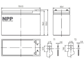 NPP NP12V-7.5Ah, AGM BATTERY, C20=7.5AH, T1, 151x65x94x100, 2,07KG, BLACK